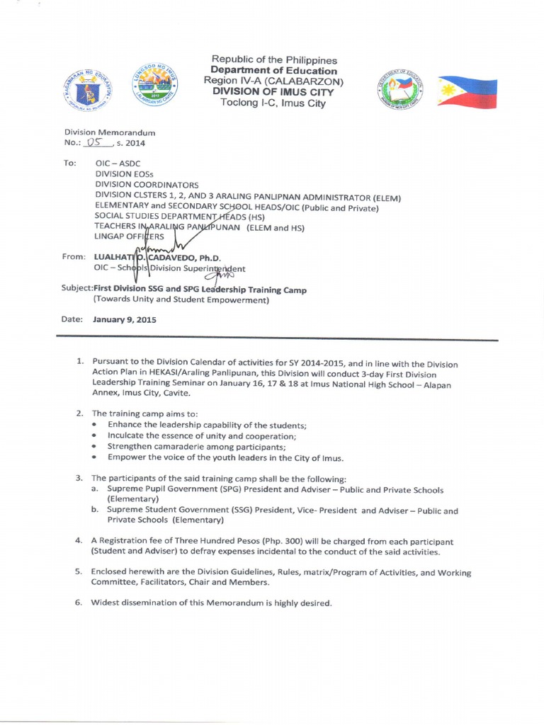 5 First Division SSG and SPG Leadership Training Camp (Towards Unity and Student Empowerment) | PDF