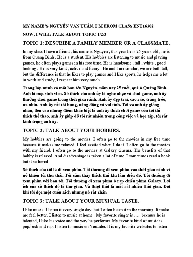 Topic 1: Describe A Family Member or A Classmate | PDF