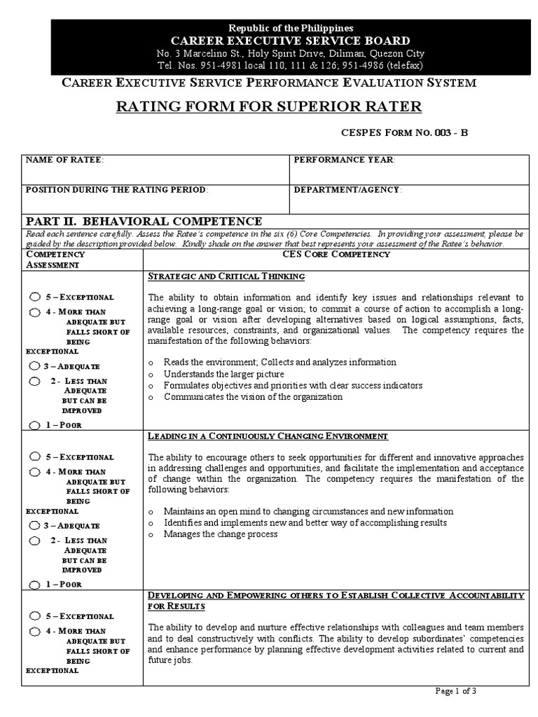 CES Performance Evaluation Rating Form | PDF | Goal | Performance Appraisal