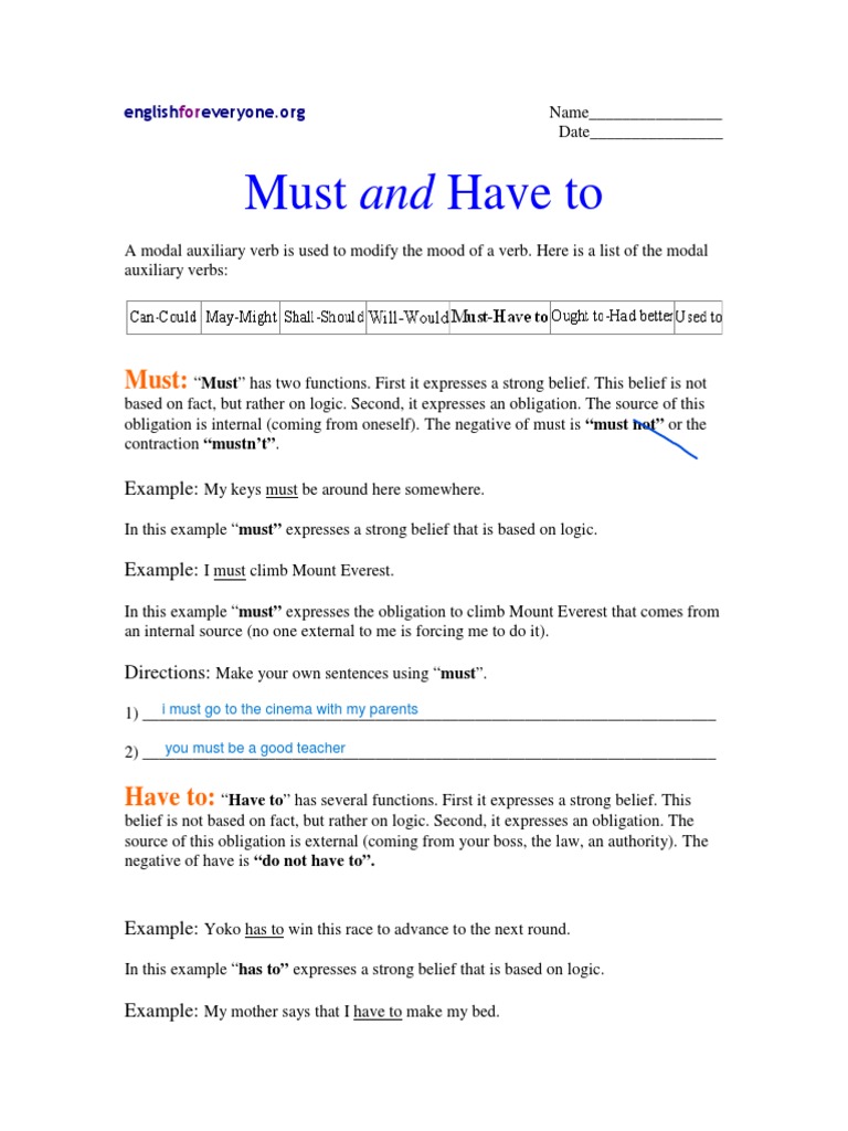 Modal Auxiliary Verbs - Must and Have To | PDF | Semantics ...