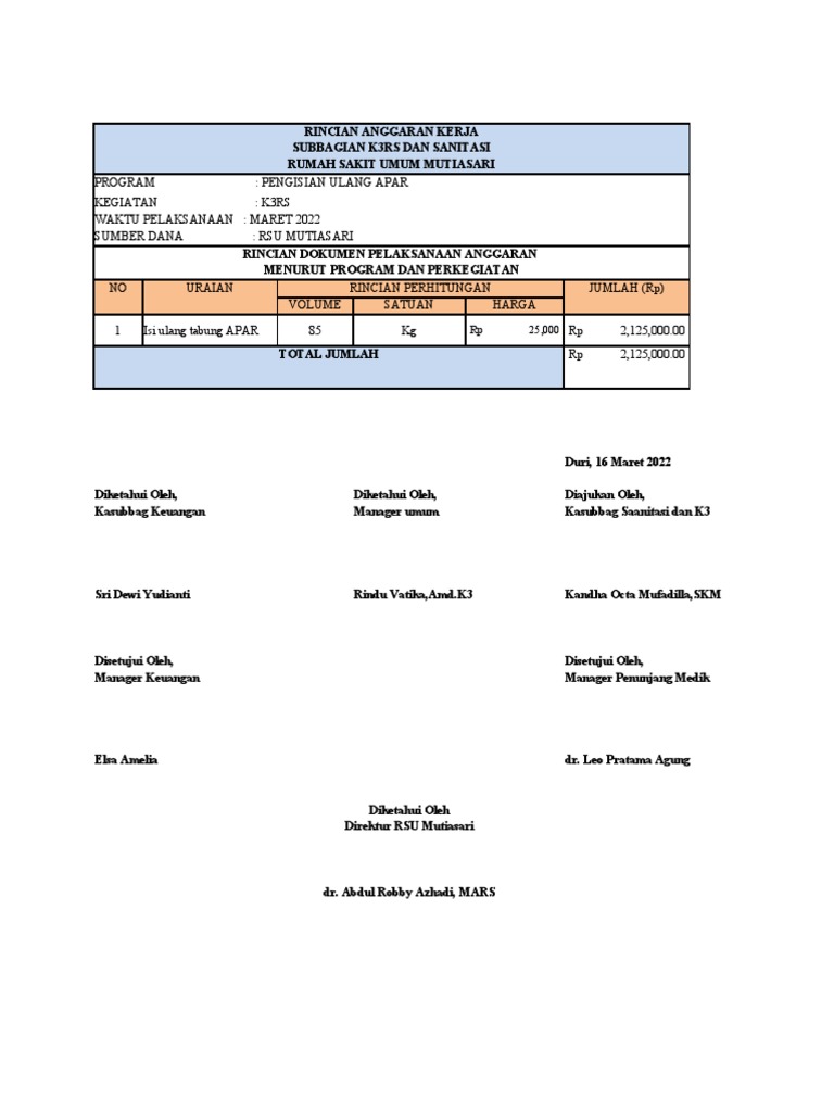 Rincian Anggaran K3RS RSU Mutiasari | PDF