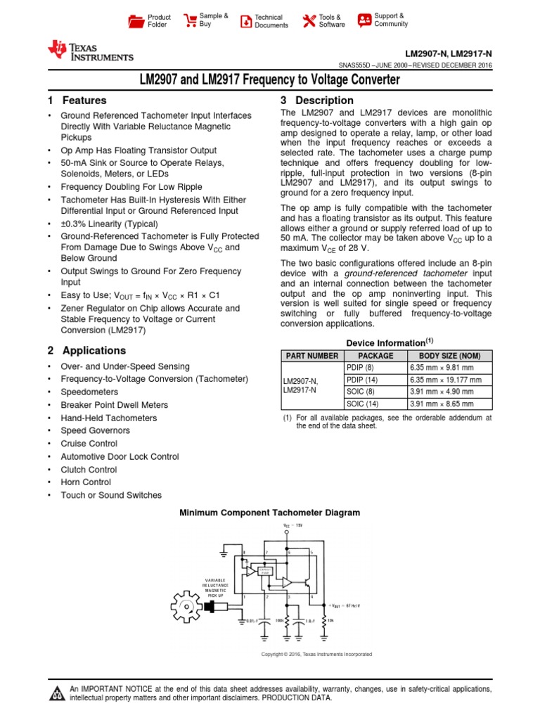 LM2907 and LM2917 Frequency To Voltage Converter: 1 Features 3 ...