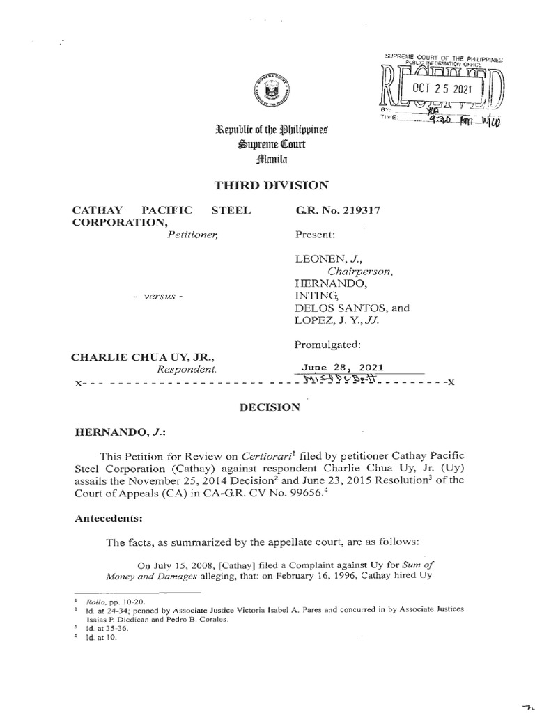 Cathay Pacific Steel Corporation vs. Charlie Chua Uy, Jr. - Supreme ...