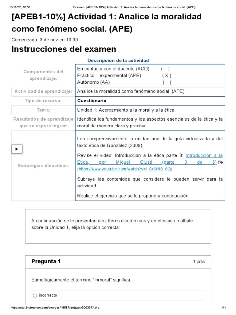 Examen - (APEB1-10%) Actividad 1 - Analice La Moralidad Como Fenómeno Social. (APE) | PDF ...
