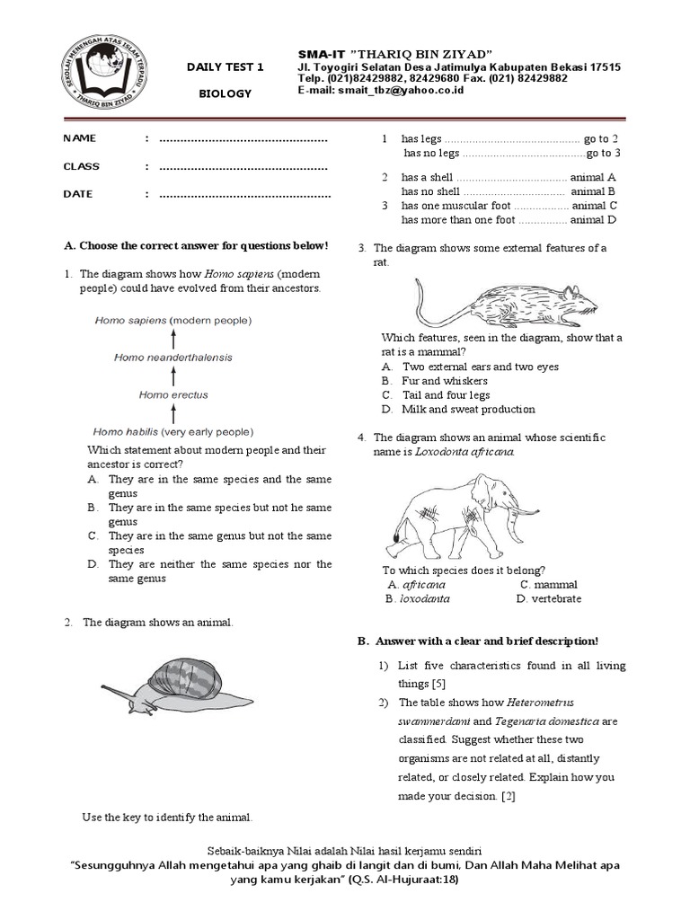 SMA Daily Biology Test | PDF | Zoology | Biology
