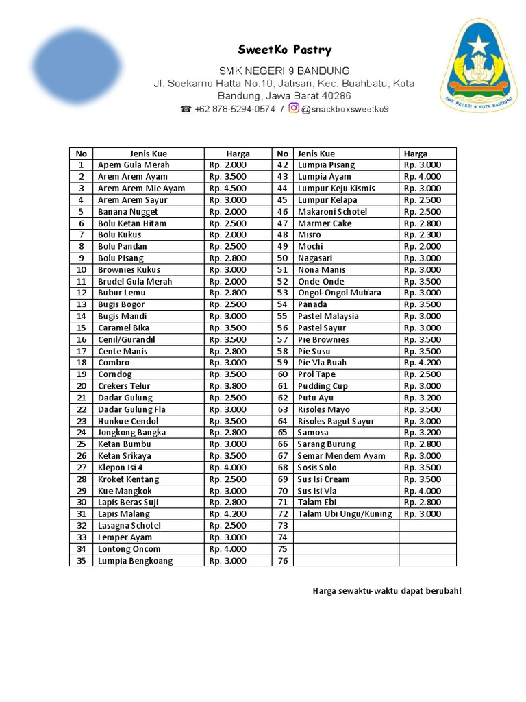 Price List SweetKo Pastry | PDF