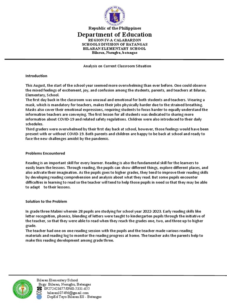 Analysis On Current Classroom Situation - JUB | PDF | Teachers | Classroom