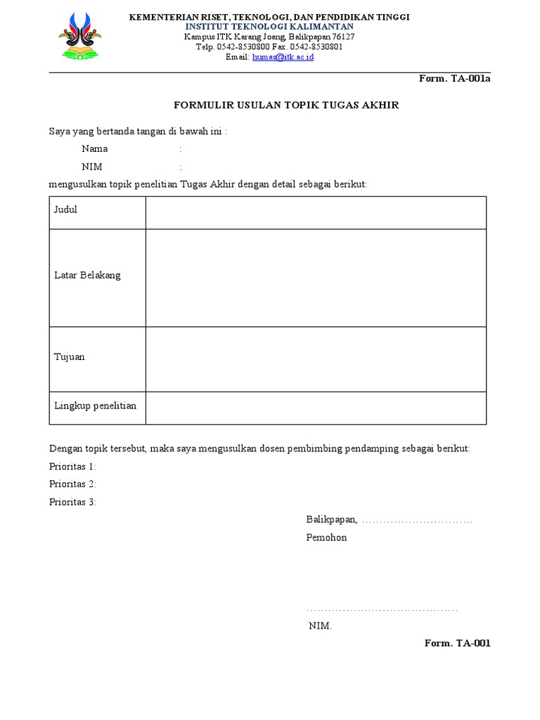 Formulir Tugas Akhir ITK | PDF | Teknologi & Rekayasa