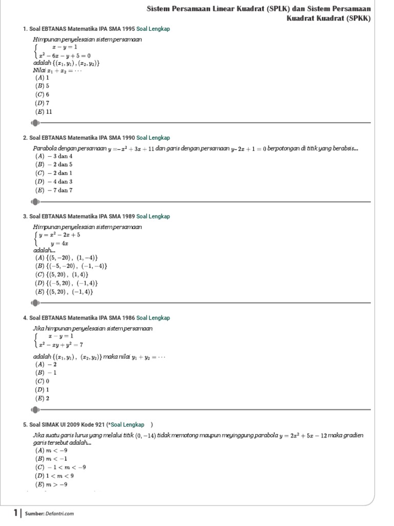 10 Sistem Persamaan Linear Kuadrat (SPLK) Dan Sistem Persamaan Kuadrat Kuadrat (SPKK) (Soal) | PDF