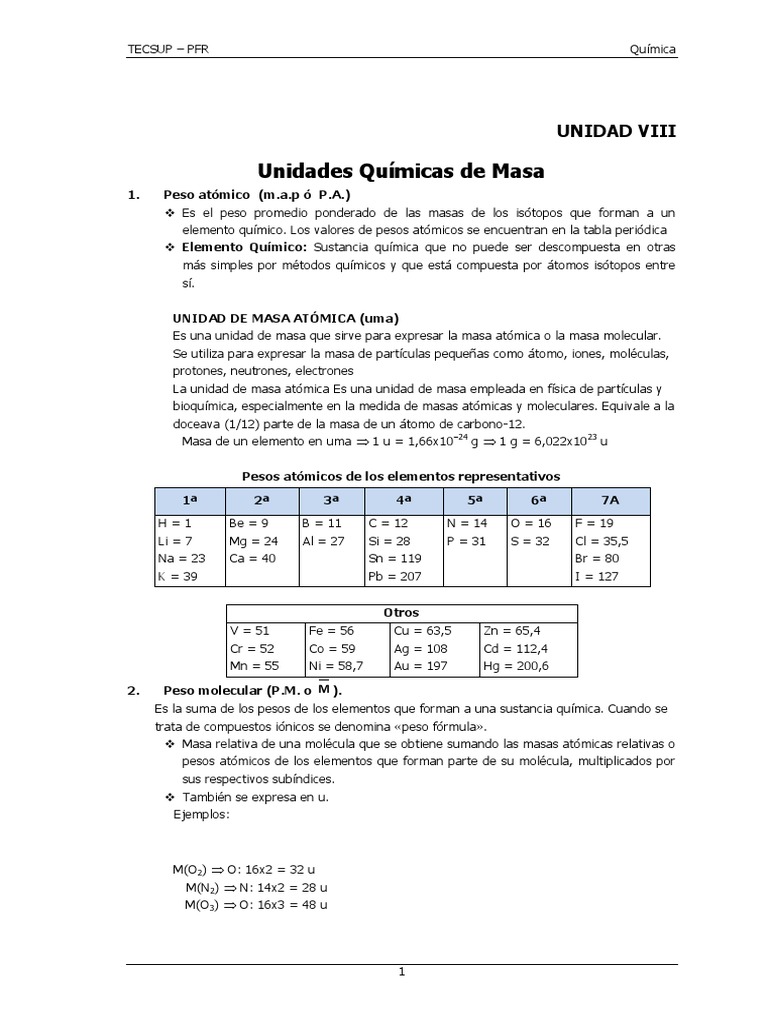 UNIDAD 8 Unidades Quimicas de Masa | PDF | Mole (Unidad) | Química