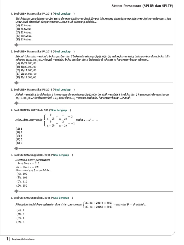 9 Sistem Persamaan (SPLDV Dan SPLTV) (Soal) | PDF
