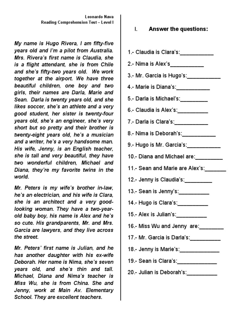 Reading Comprehension Test 1 - Level 1 New | PDF
