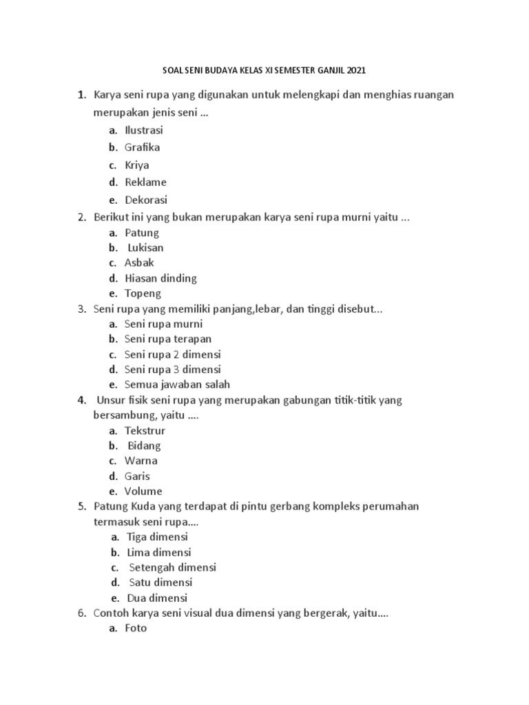 Soal Seni Budaya Kelas Xi Semester Ganjil 2021 | PDF