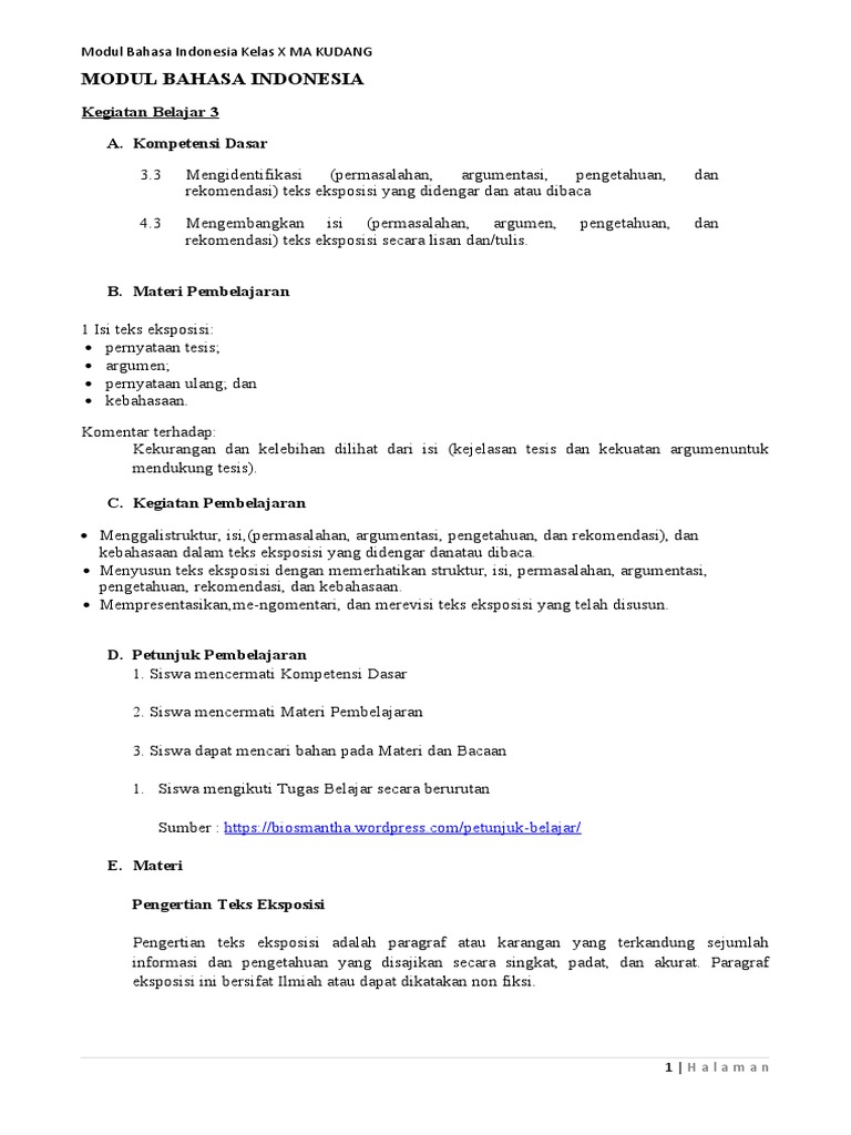 MODUL BAHASA INDONESIA X Teks Eksposisi | PDF