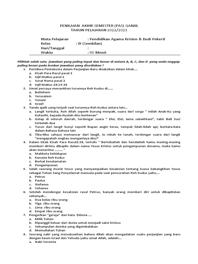 Naskah Soal PAS Ganjil TP 2022-2023 PAKBP Kls 9 | PDF