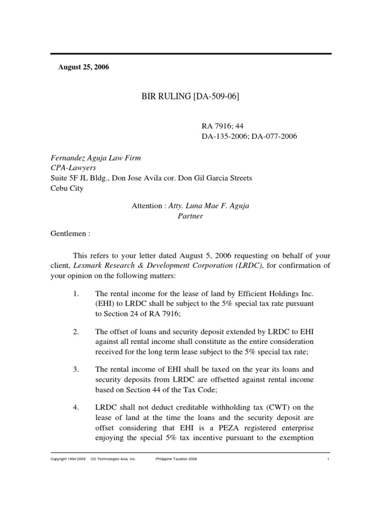 BIR Ruling (DA-509-06) - 08-25-06 | PDF | Taxes | Gross Income