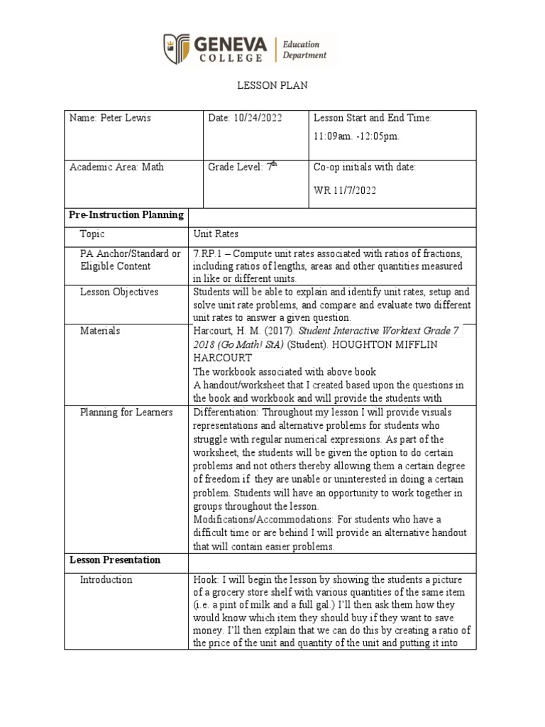Unit Rate Lesson Plan | Download Free PDF | Ratio | Learning