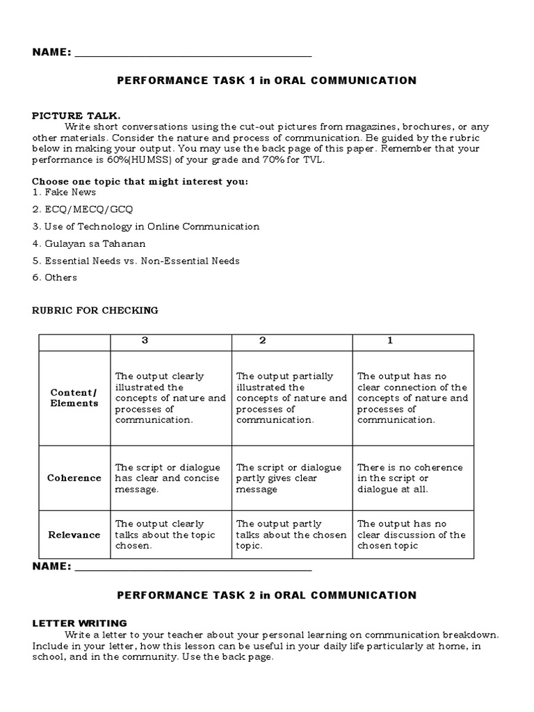Oral Communication Performance Tasks | PDF | Essays | Rubric (Academic)