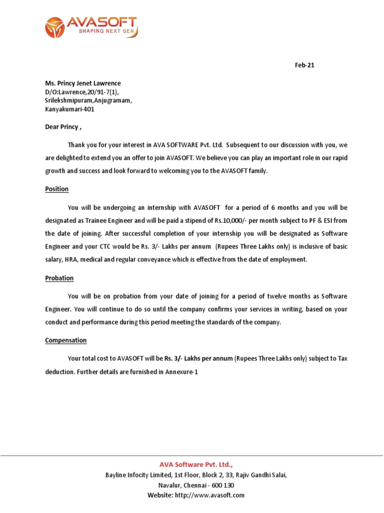 Offer Letter - Princy Jenet | PDF | Employment | Background Check