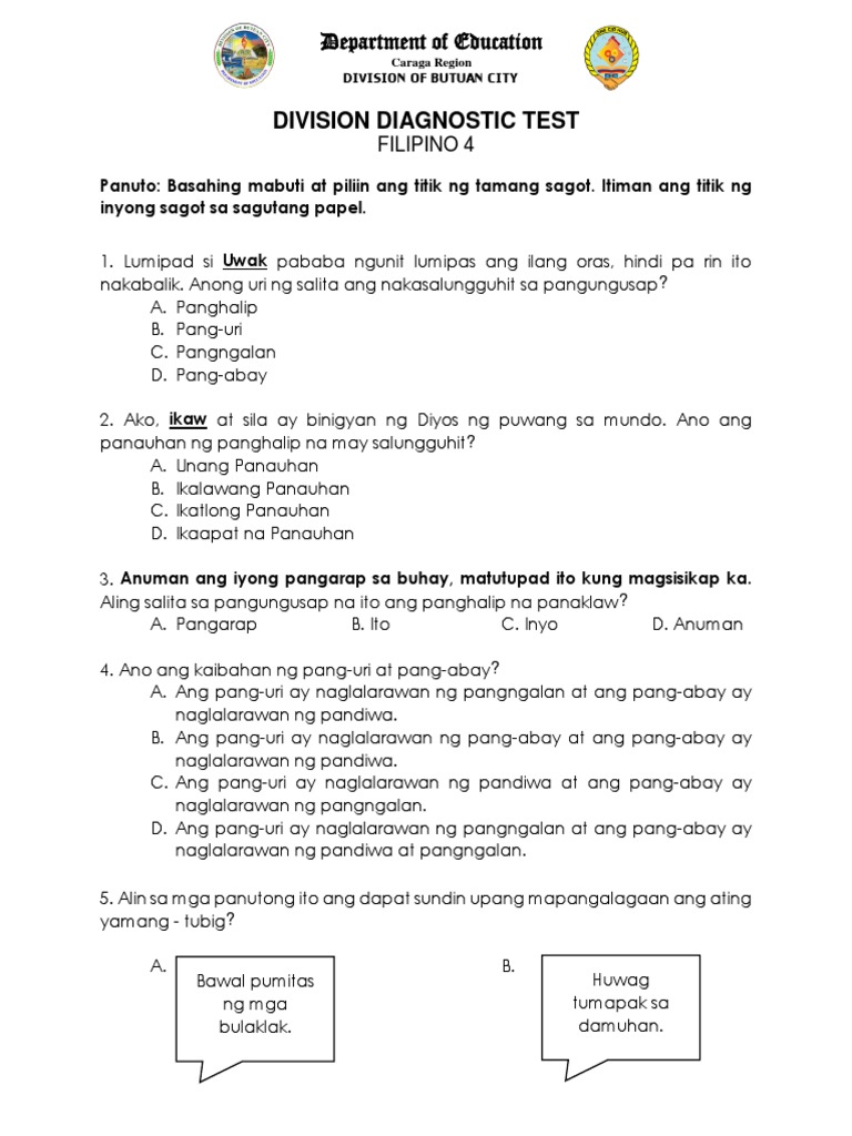 Diagnostic Test in Filipino Grade 4 | PDF