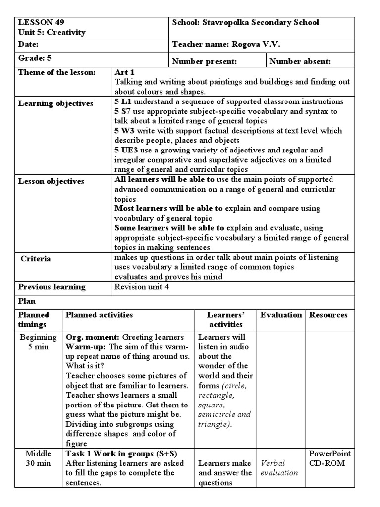 Creativity in Art: Lesson Plans for Grade 5 | PDF | Learning | Teachers