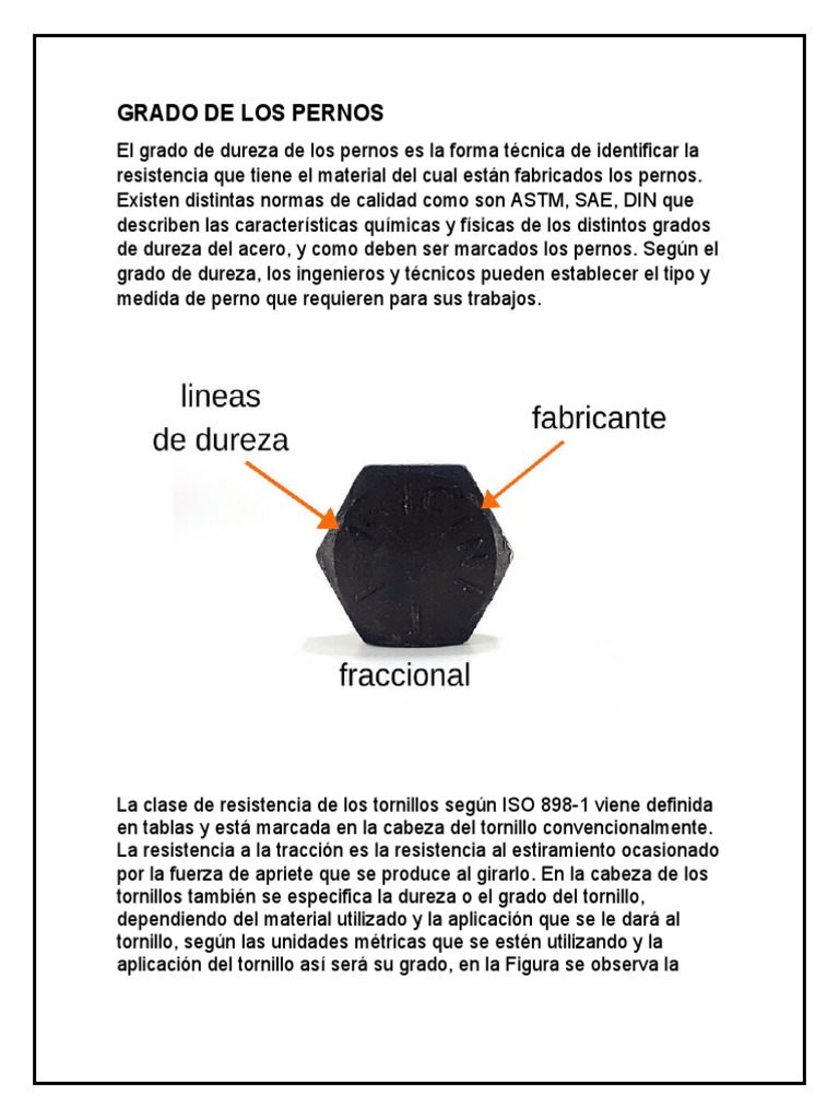 El grado de dureza de los pernos es la forma técnica de identificar la resistencia que tiene el ...