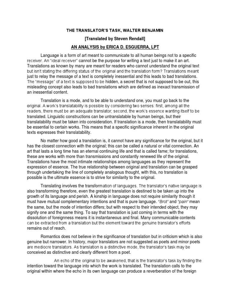 The Translator's Task: An Analysis of Walter Benjamin's Essay on the Challenges and ...