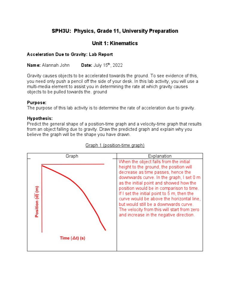 Unit 1 Lab Handout - Calculating The Acceleration Due To The Force of Gravity1 | PDF ...
