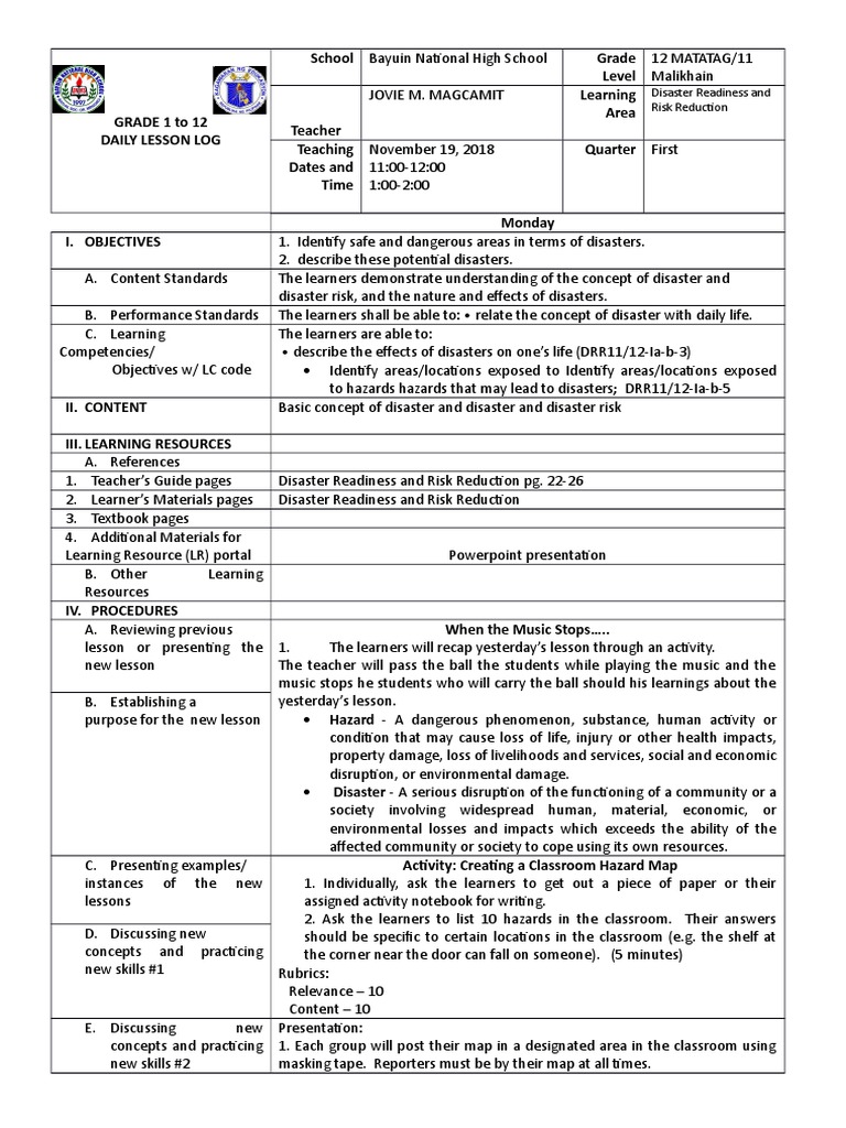 DLL DRRR 3rd Week 1st Day PDF Free | PDF | Hazards | Learning