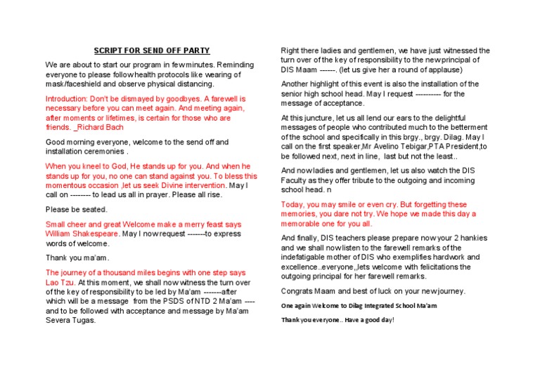 Script For Send Off Party | PDF