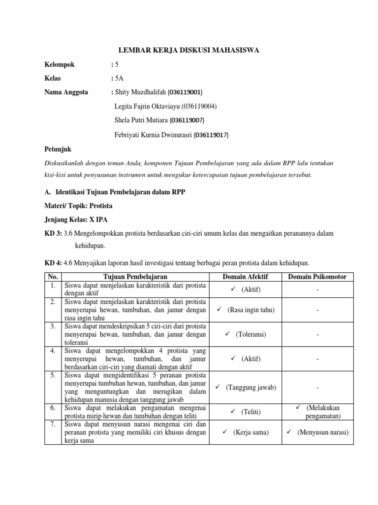 LEMBAR KERJA DISKUSI MAHASISWA AFEKTIF DAN PSIKOMOTOR (Kelompok 5-5A ...