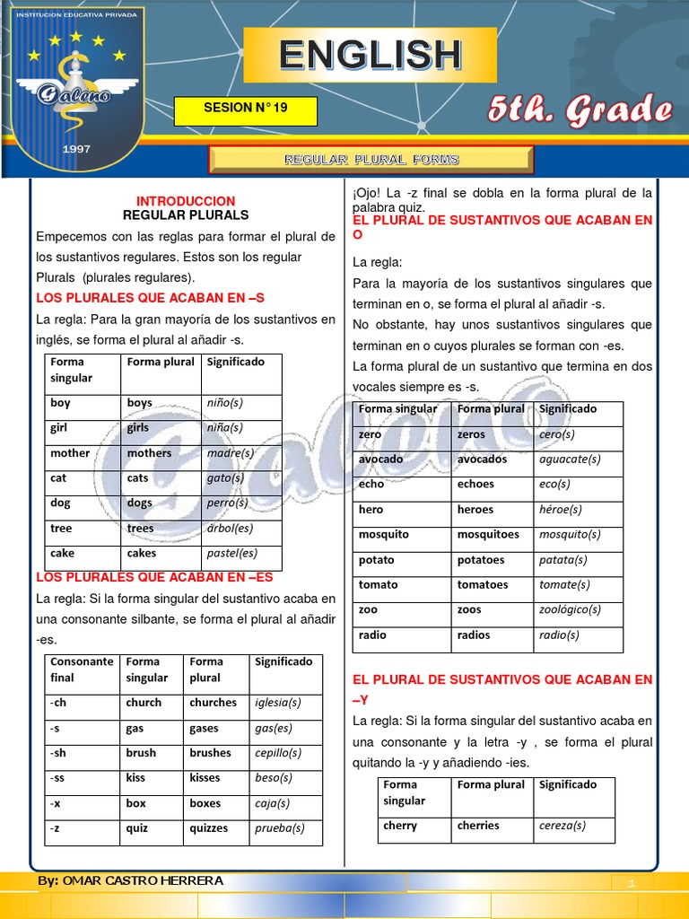 INGLES 5to. Regular Plural Formss | PDF | Gramática | Morfología