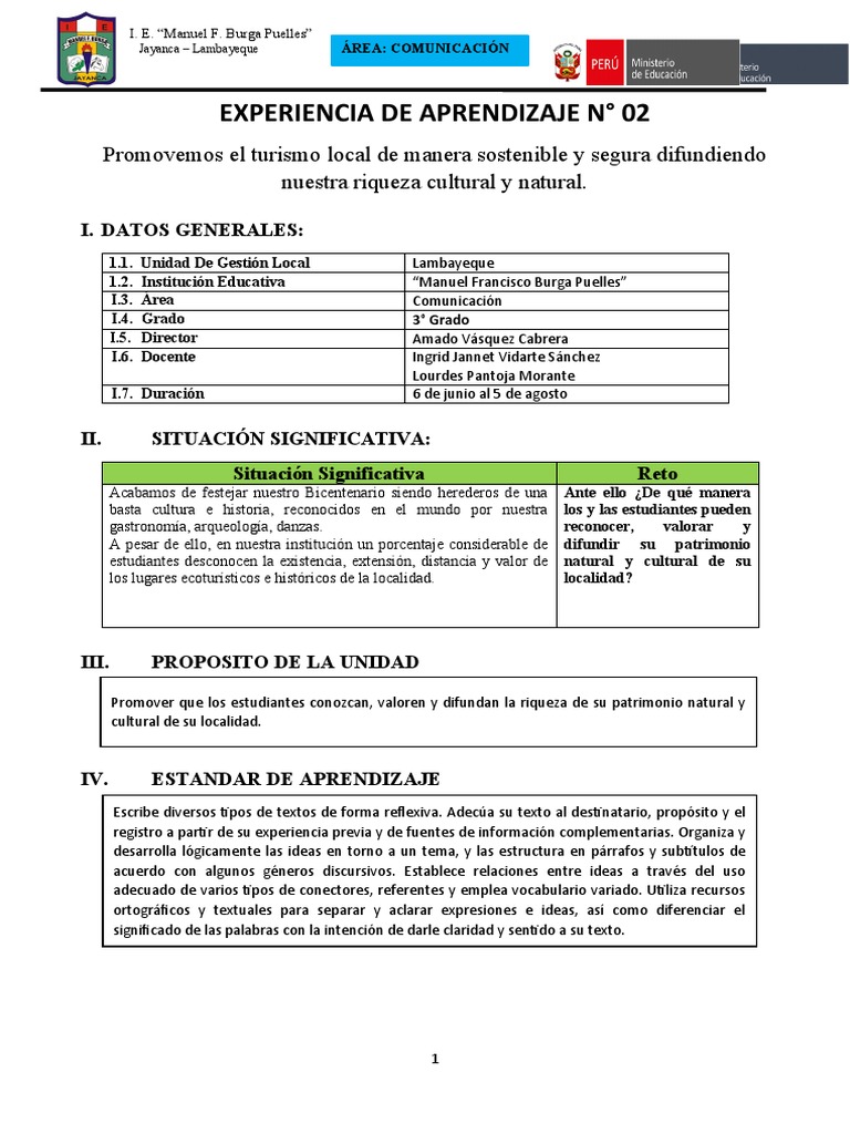 Experiencia de Aprendizaje 02 - COMUN - 3° GRADO | PDF | Turismo | Aprendizaje