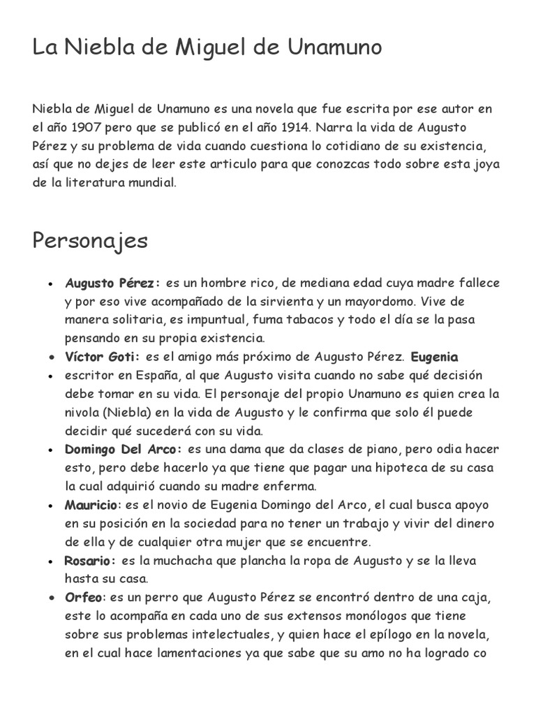 La Niebla de Miguel de Unamuno | PDF