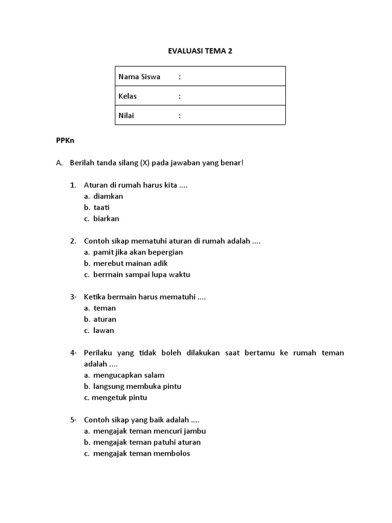 Evaluasi Tema 2 | PDF | Griya & Taman