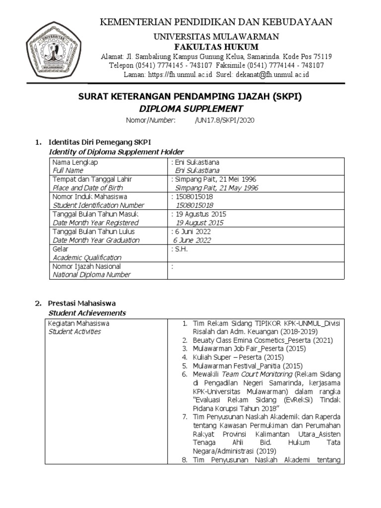 Contoh SKPI Ijazah SMA Unmul | PDF | Bisnis