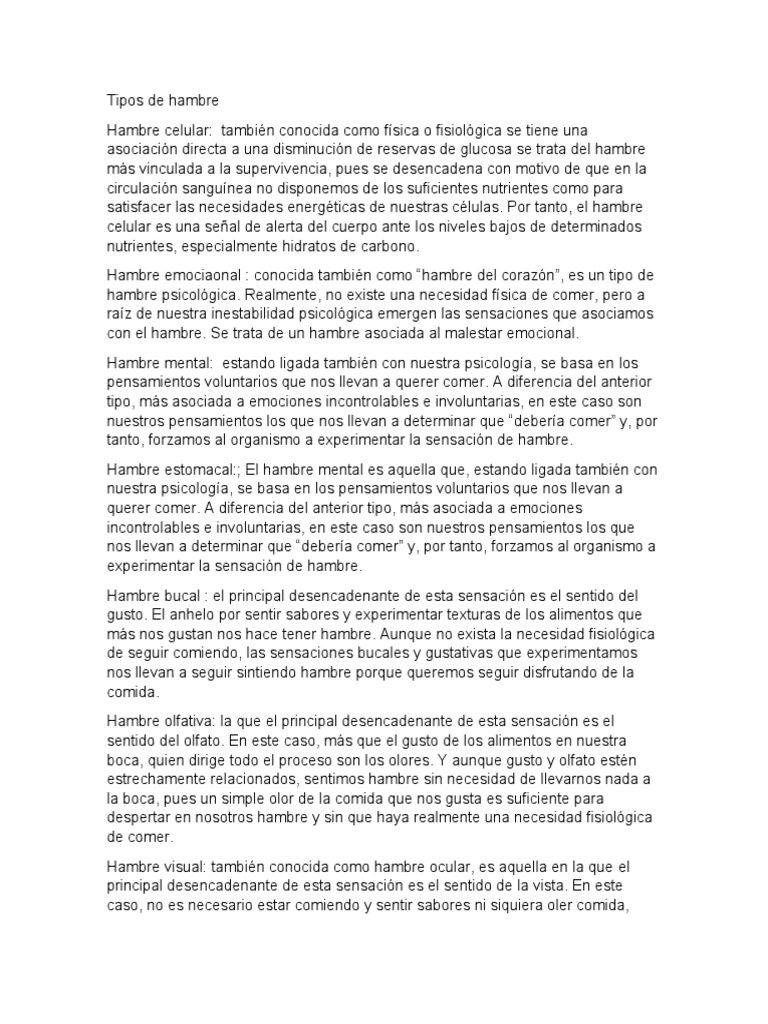 Tipos De Hambre Pdf Hambre Gusto