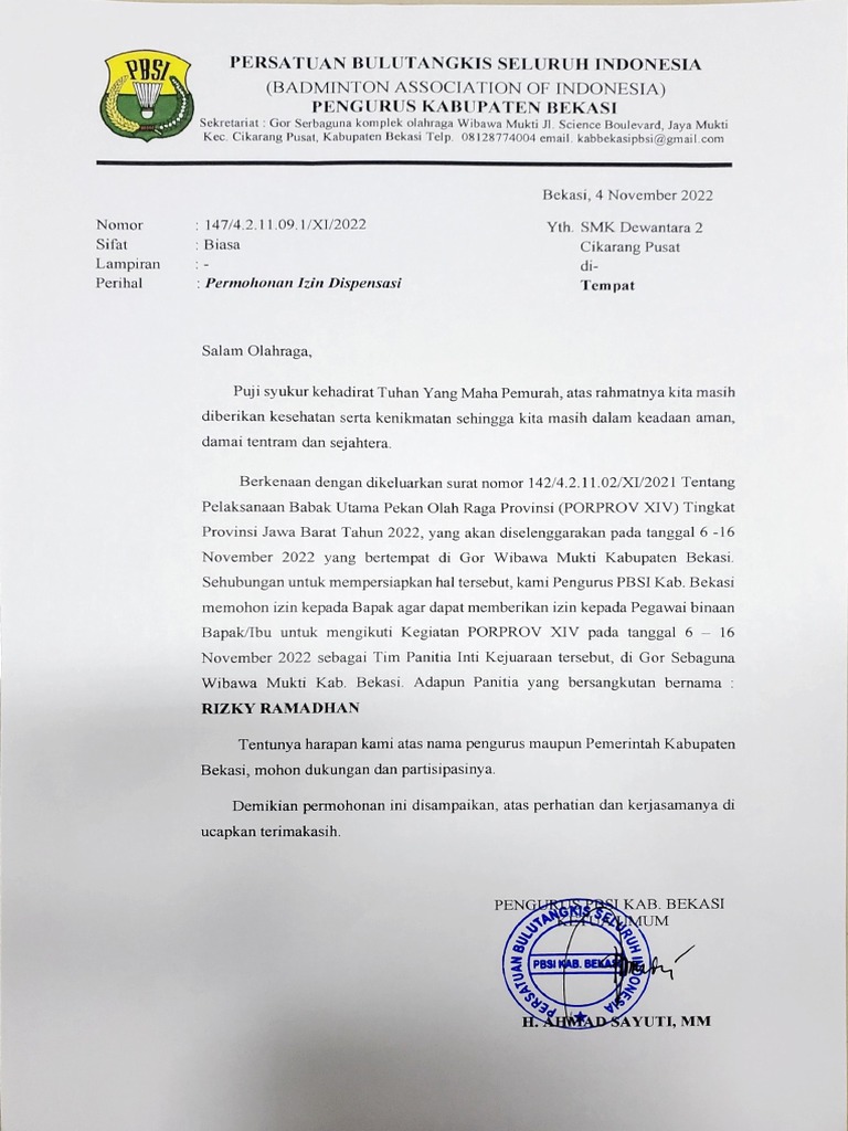 Surat Dispensasi Porprov Pbsi (SMK DTR 2) | PDF