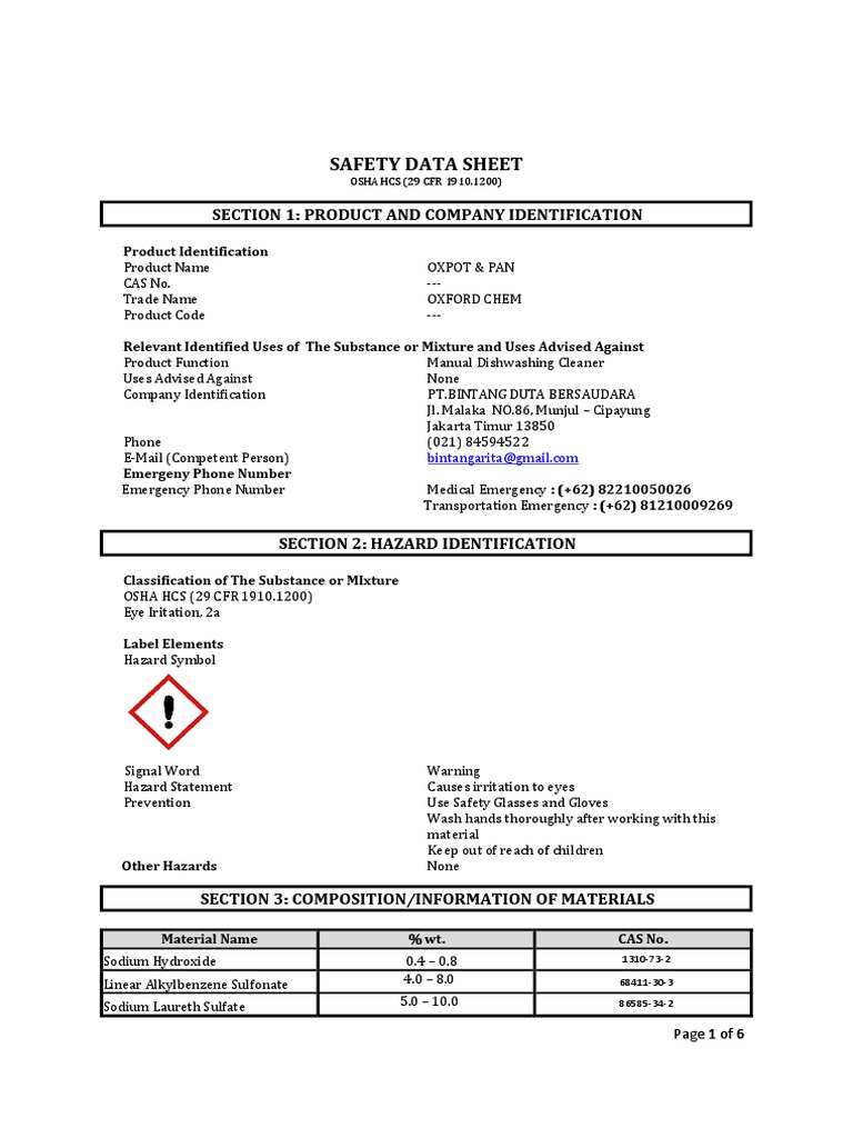 Sds Oxpot And Pan Pdf Dangerous Goods Toxicity