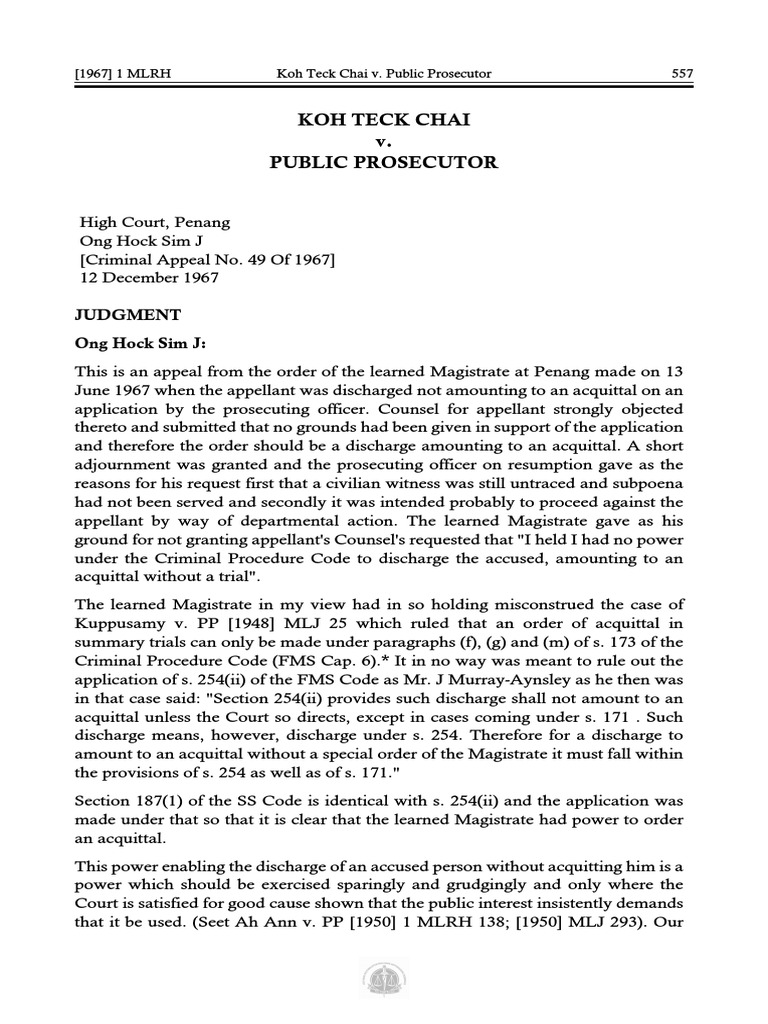 Koh Teck Chai | PDF | Criminal Procedure In South Africa | Acquittal