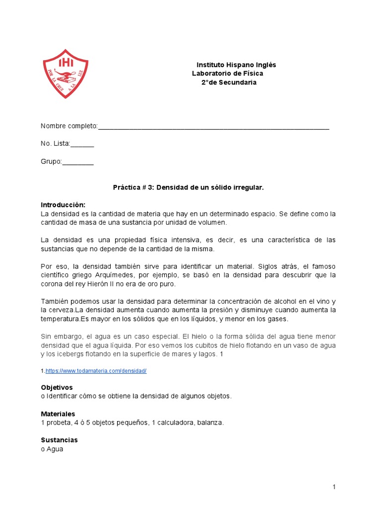 Práctica # 3 - Densidad de Un Sólido Irregular.p2 | PDF | Densidad | Agua