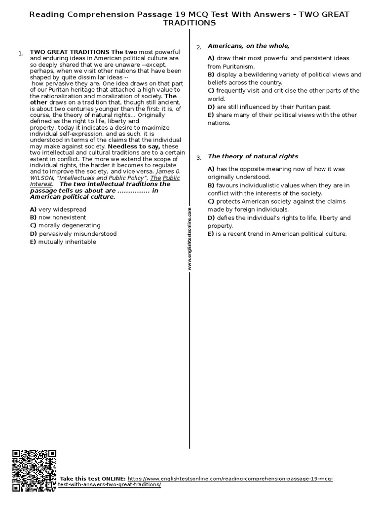 589 - Reading Comprehension Passage 19 MCQ Test With Answers Two Great ...