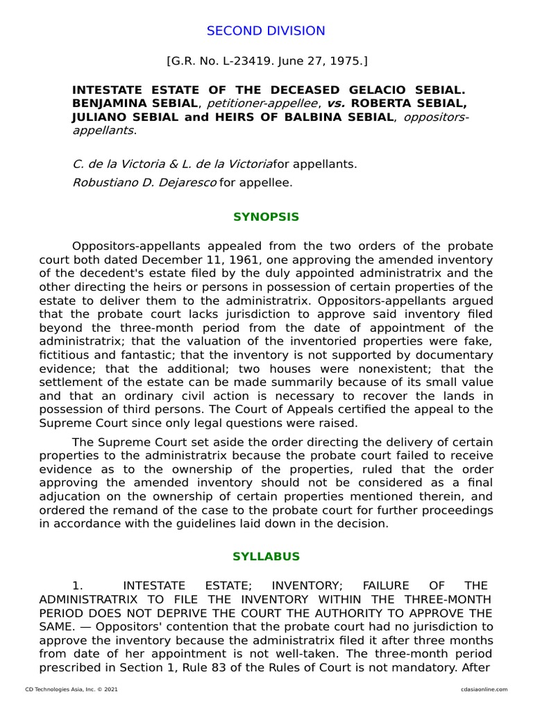 Sebial vs. Sebial, 64 SCRA 385 | PDF | Probate | Intestacy