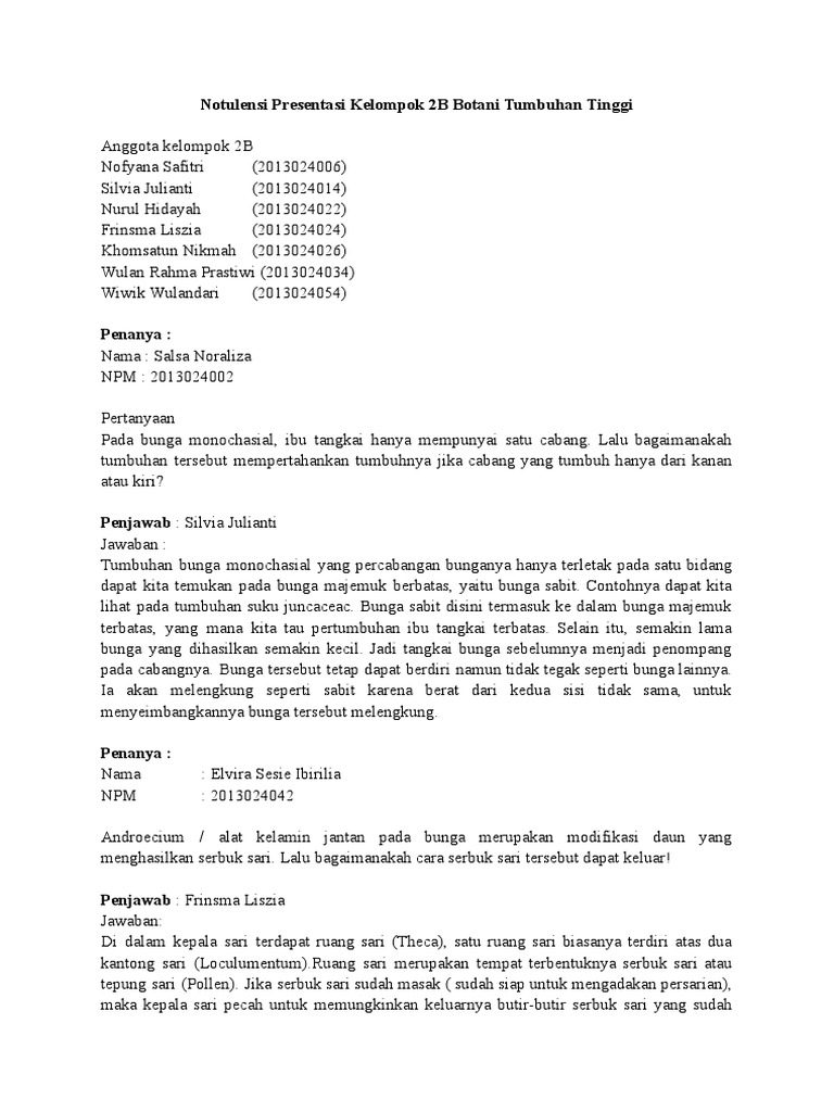 Notulensi Kel.2B - Morfologi Bunga - BTT | PDF | Sains & Matematika