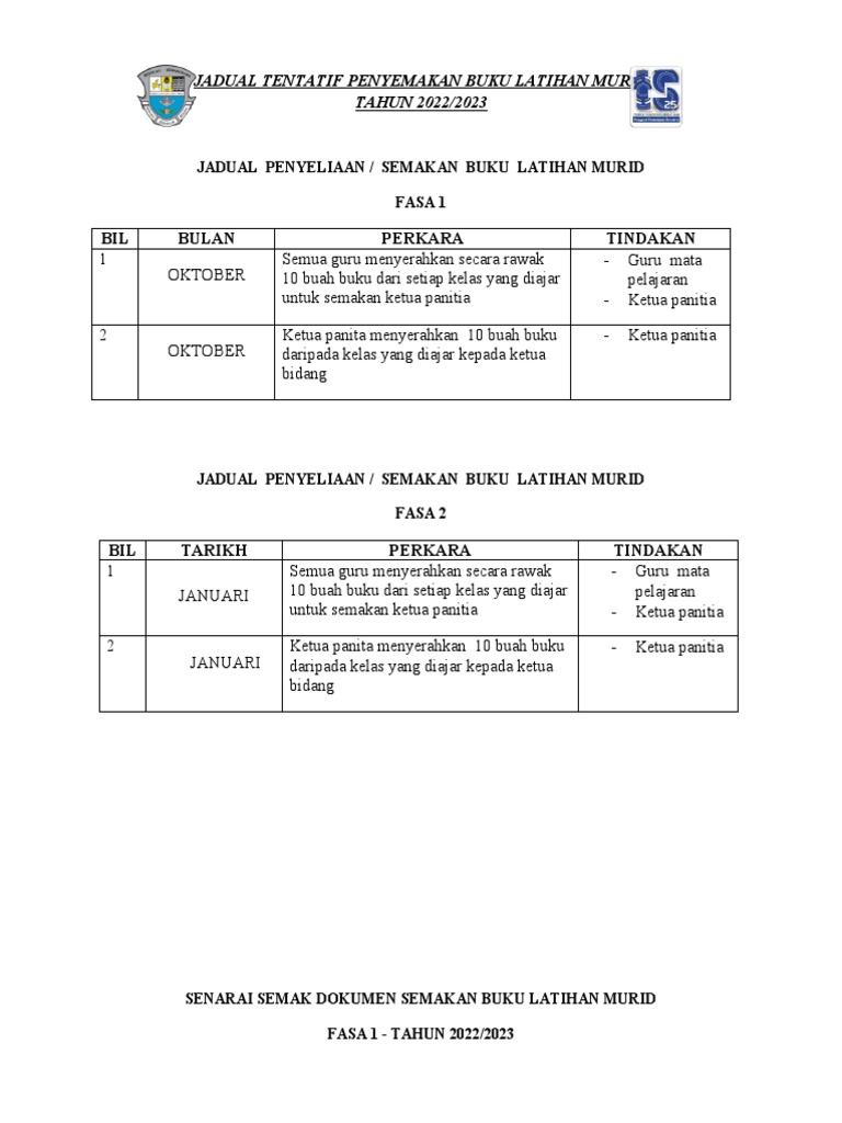 Jadual Semakan Buku Latihan Murid | PDF