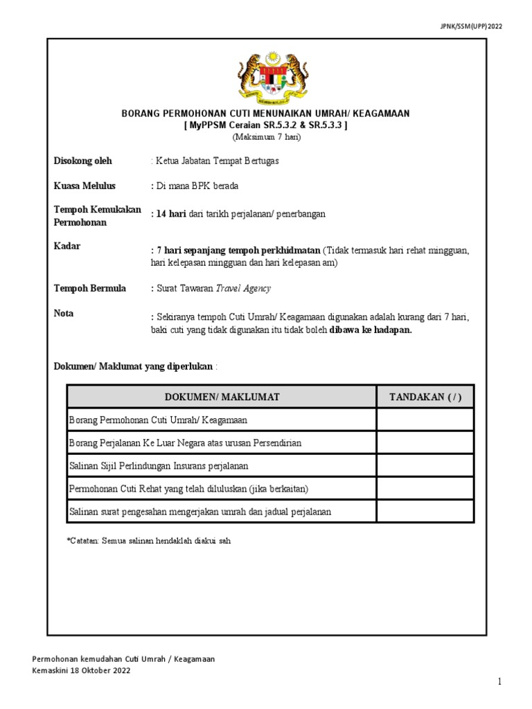 BORANG CUTI UMRAH KEAGAMAAN CERAIAN 18.10.2022 Terkini | PDF