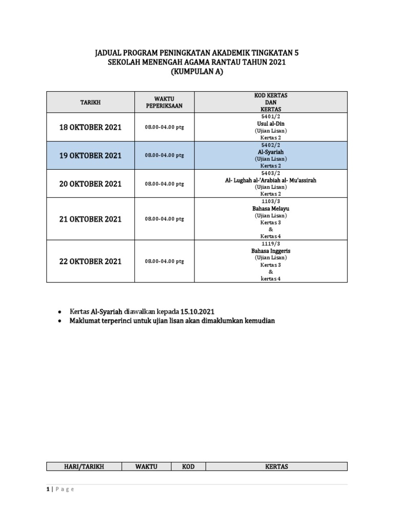 Kumpulan A - Jadual Program Peningkatan Akademik 2021 Smar | PDF