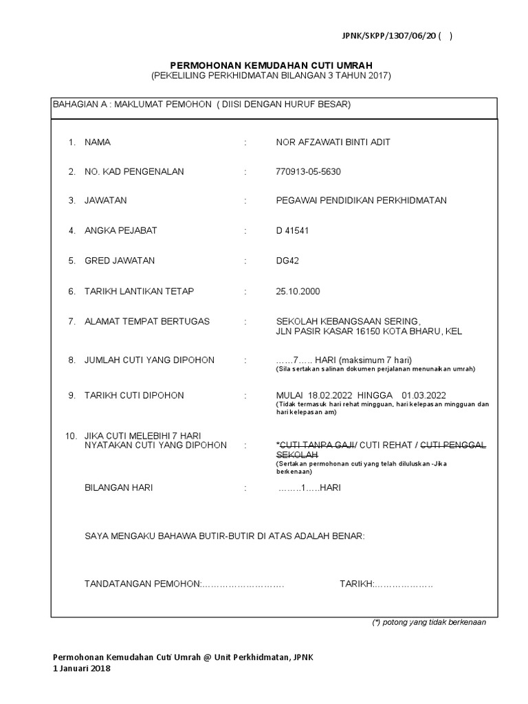 Borang Permohonan Kemudahan Cuti Umrah | PDF