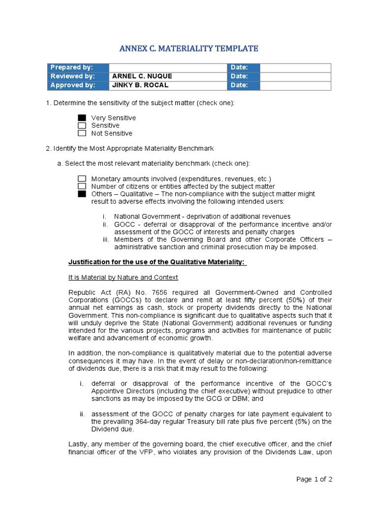 Annex C. Materiality Template | PDF | Government | Business