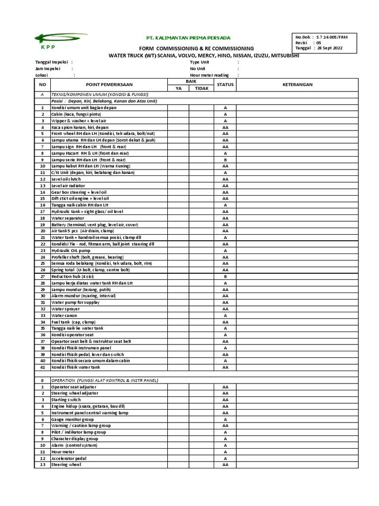 PT KALIMANTAN PRIMA PERSADA FORM COMMISSIONING & RE COMMISSIONING WATER ...